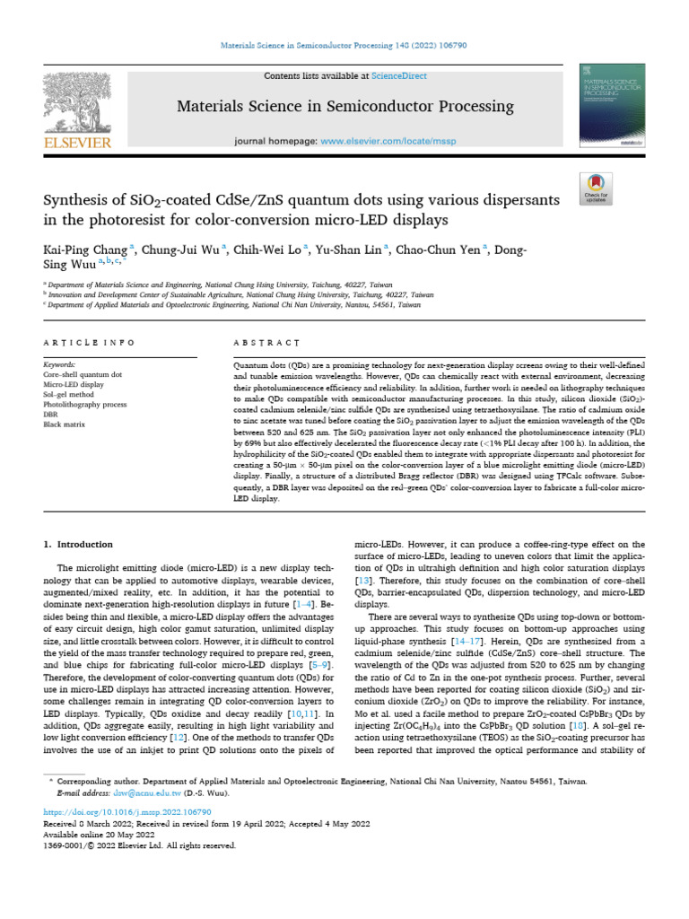 Synthesis Of Sio2 Coated Cdse Zns Quantum Dots Using Various Dispersants Pdf Rgb Color Model