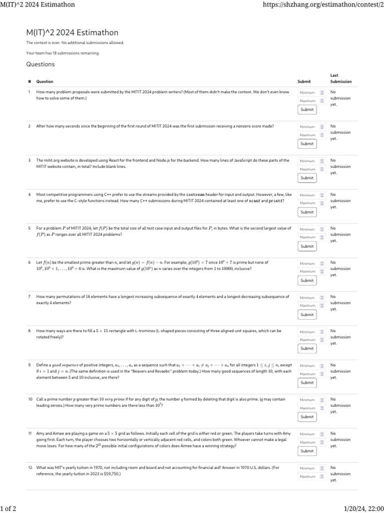 MITIT 2024 Estimathon Questions | PDF | Sequence | Numbers