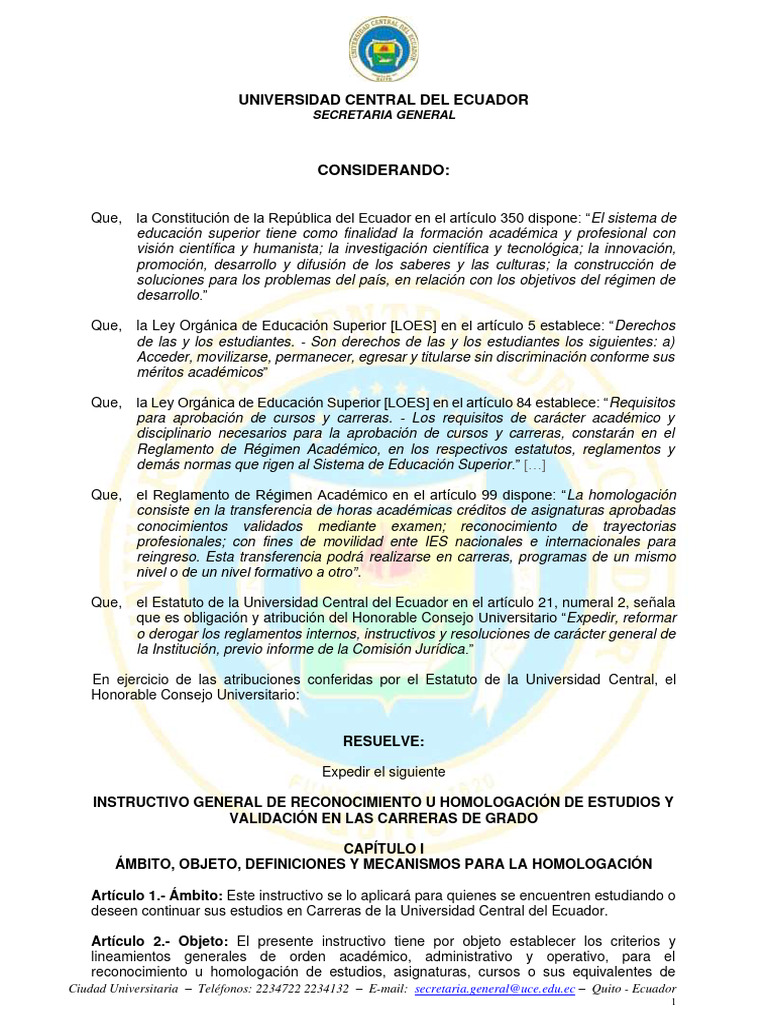 Instructivo de Homologación de Estudios UCE | PDF | Educación más alta ...
