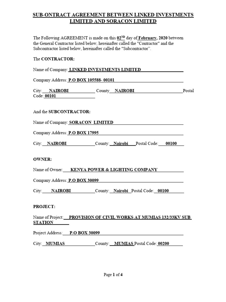 Construction Subcontract Agreement | PDF | Subcontractor | General Contractor