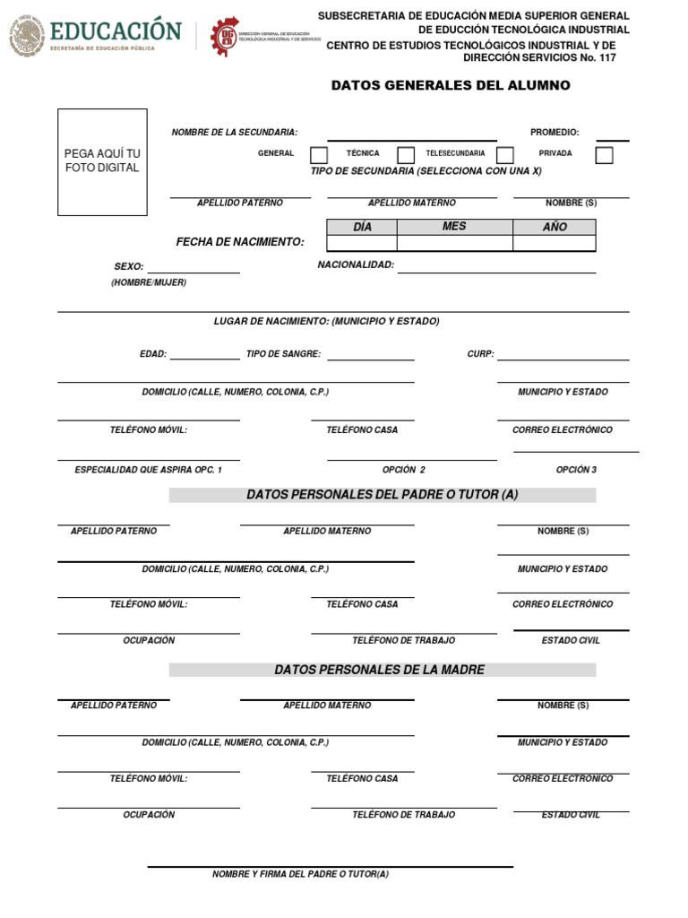 Cedula Inscripcion Cetis 117 Datos Generales | PDF