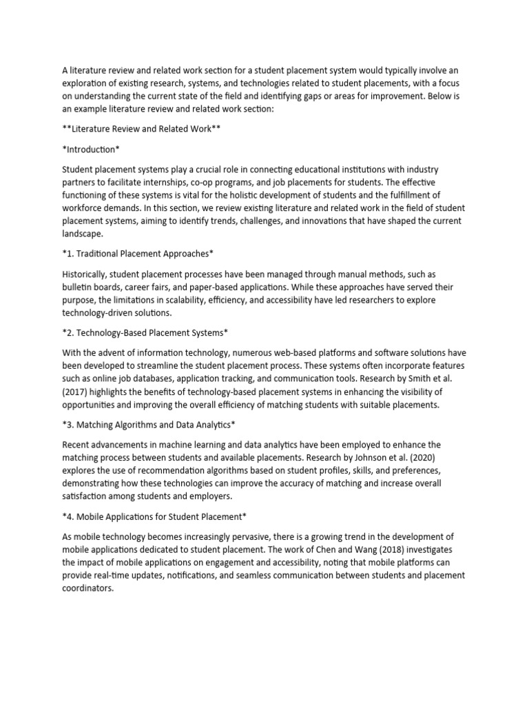 A Literature Review and Related Work Section For A Student Placement ...