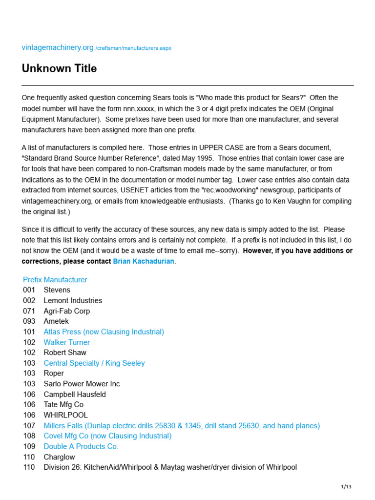 Sears Manufacturer Codes | PDF | Manufactured Goods | Companies Of The ...