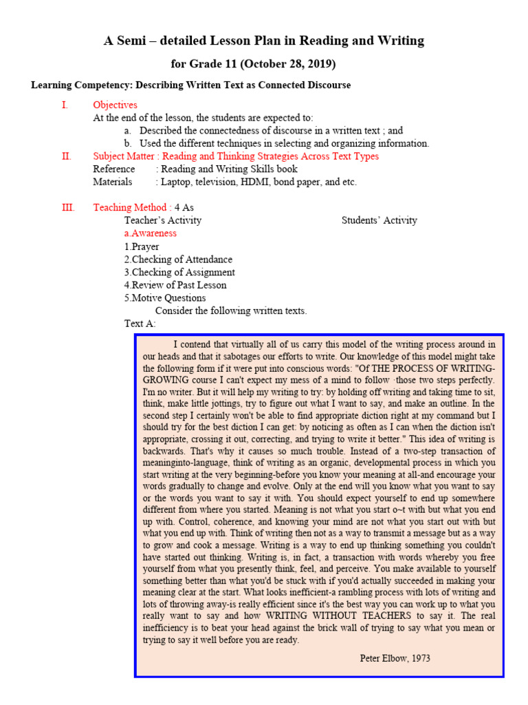 Grade 11 Reading & Writing Lesson Plan | PDF | Lesson Plan | Learning
