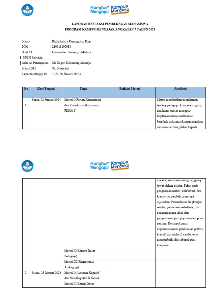 Template Laporan Refleksi SMPN 14 Samarinda-1 | PDF