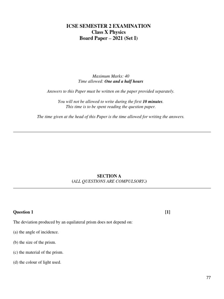 ICSE Class X Physics Question Paper 2021 Set I | PDF | Speed Of Light | Force