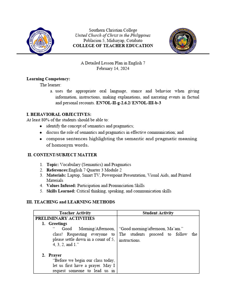 Semantics and Pragmatics Lesson Plan | PDF | Word | Vocabulary