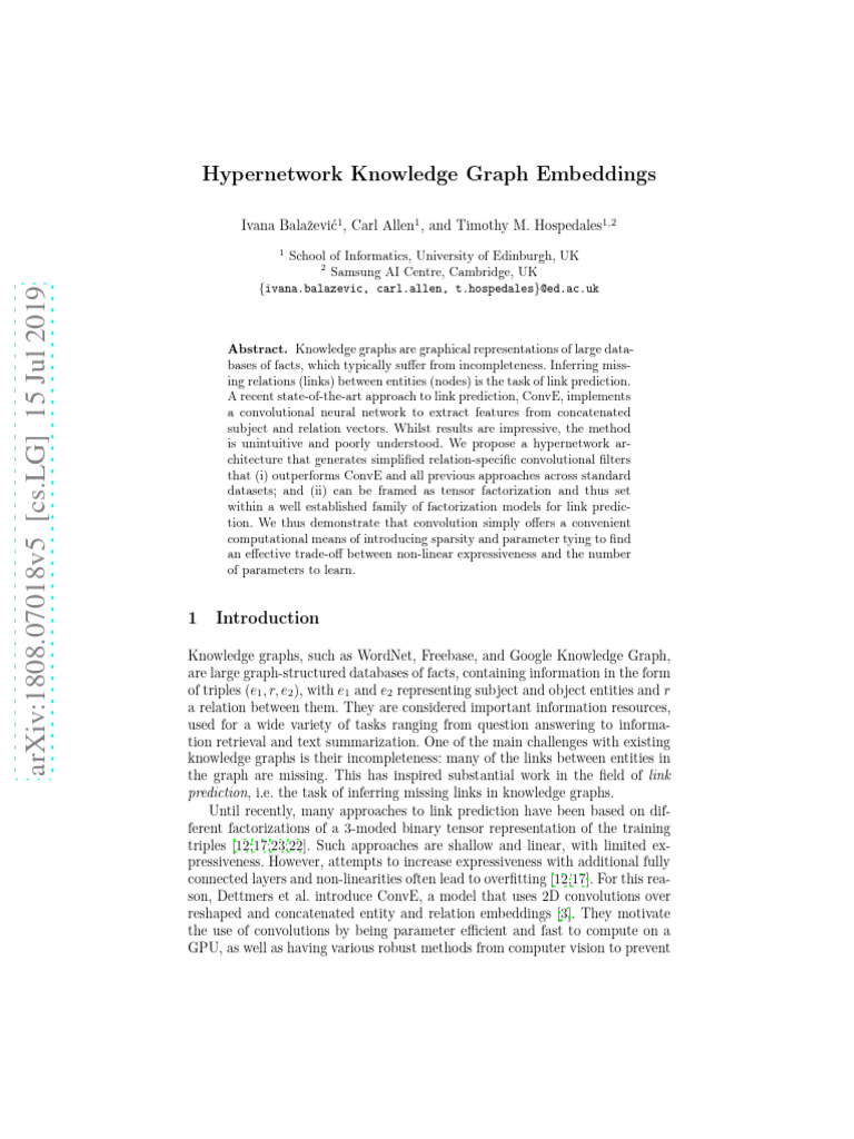 Hypernetwork Knowledge Graph Embeddings | PDF | Vector Space | Matrix (Mathematics)