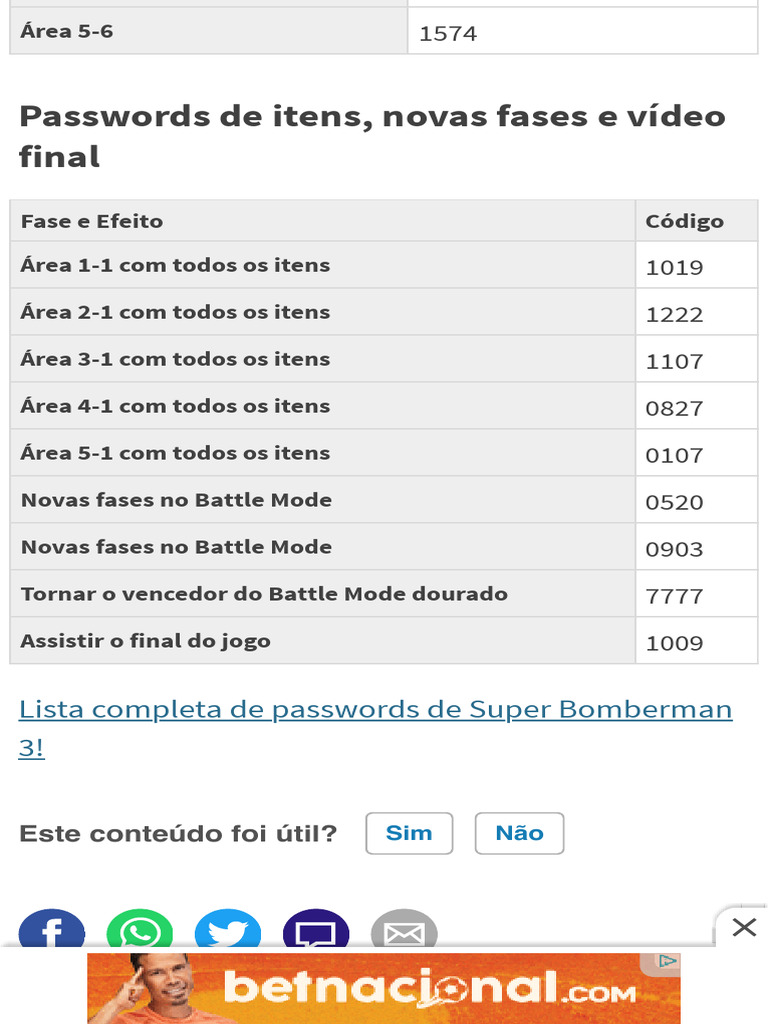 Confira Todos Os Passwords de Super Bomberman 4! | PDF