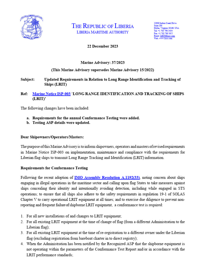 LRIT Annual Testing Requirements Update | PDF | Computing ...