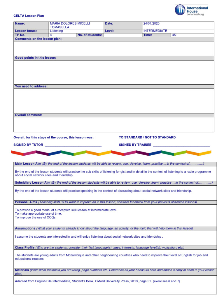 Celta Lesson Plan Ih Joburg 2019 4 Dolo Pdf Idiom Adjective