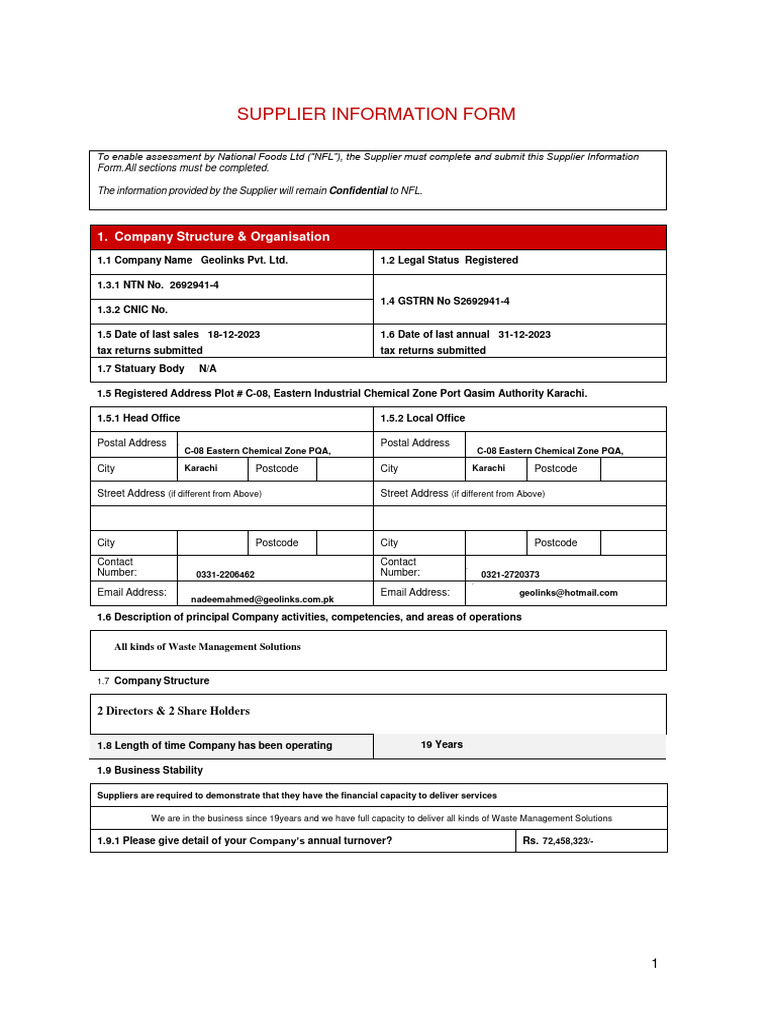 Supplier-Information-Form National Foods | PDF | Business | Economies