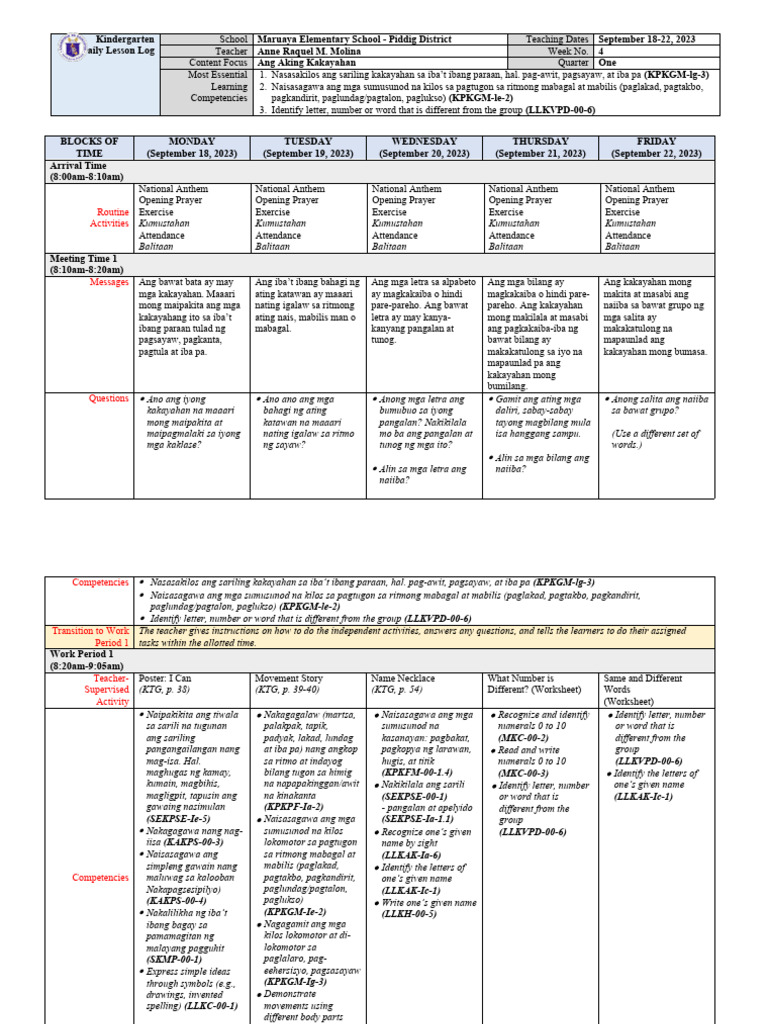 Kindergarten DLL MELC Q1 Week 4 Asf | PDF