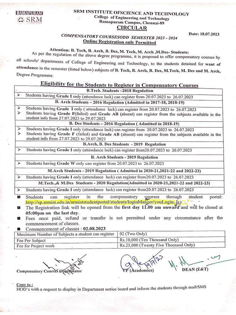 Circular - Compensatory Courses Odd Semester 2023-2024 | PDF