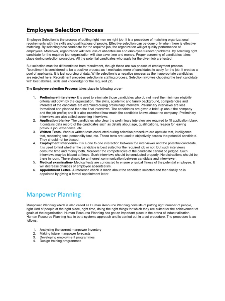 Employee Selection Process Overview | PDF | Human Resources | Employment