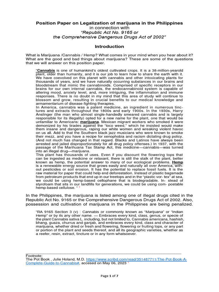 Final Position Paper - Legalization of Marijuana in The Philippines | PDF | Cannabis (Drug ...