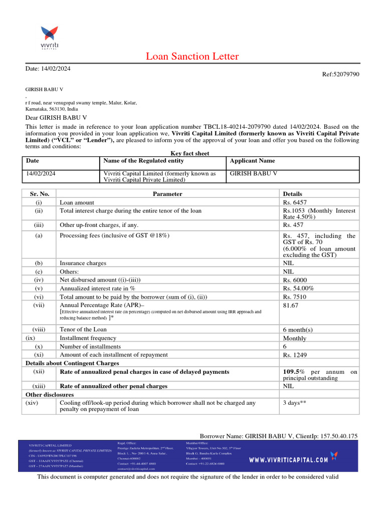 Sanction Letter 1 | Download Free PDF | Loans | Interest