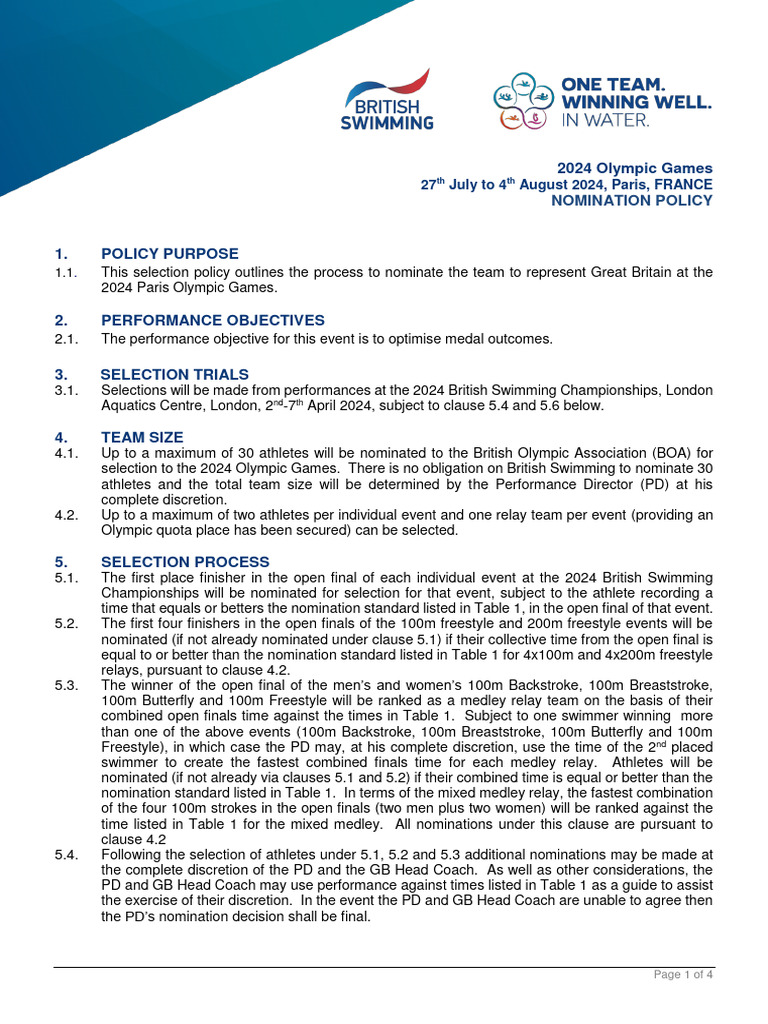 2024 Olympic Games Swimming Nomination Policy Final 14 | PDF | Sports | Swimming
