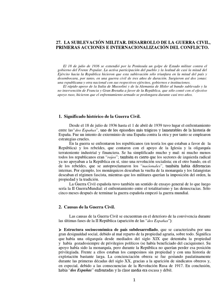 La Sublevación Militar. Desarrollo de La Guerra Civil, Primeras ...