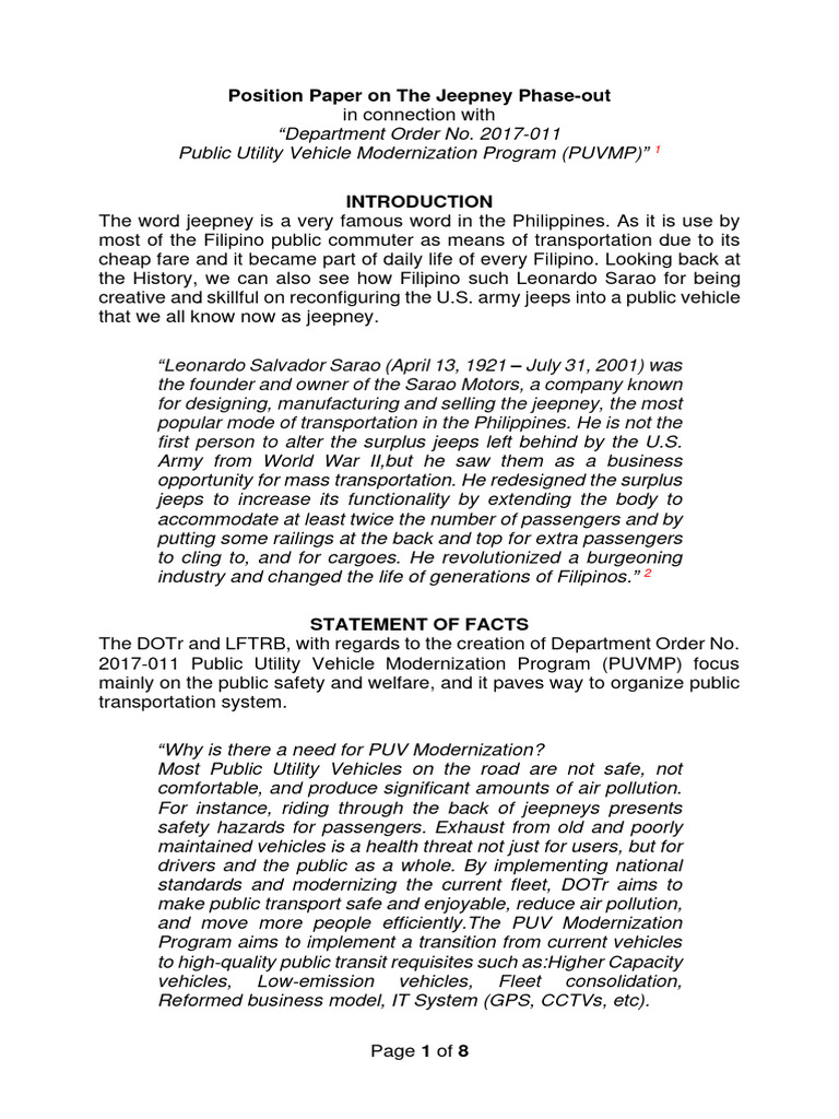 Position Paper On The Jeepney Phase-Out in The Philippines | PDF ...