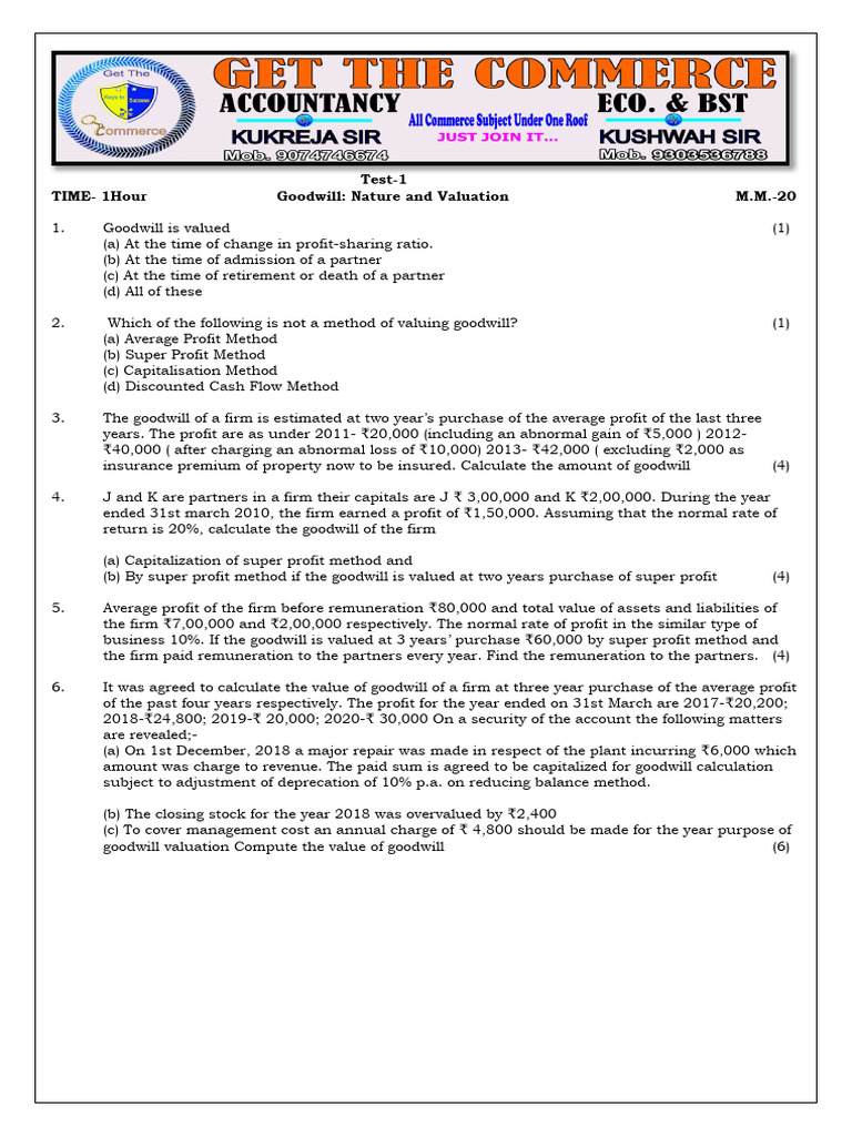 Test-1 TIME-1Hour Goodwill: Nature and Valuation M.M.-20 | PDF | Valuation (Finance) | Goodwill ...