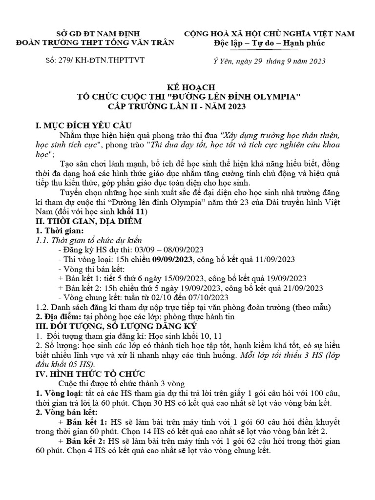 KH THI OLYMPIA CẤP TRƯỜNG 2023 2024 | PDF