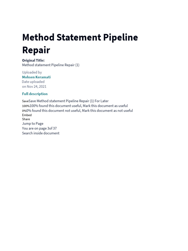 Method Statement Pipeline Repair (AutoRecovered) | PDF