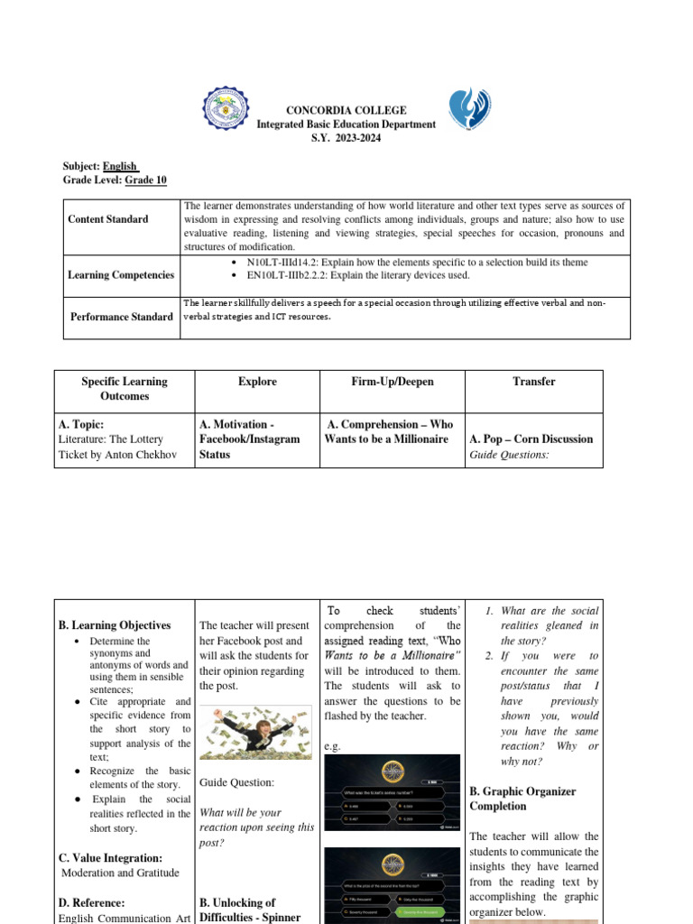 Grade 10 Lesson: The Lottery Analysis | PDF | Reading Comprehension ...
