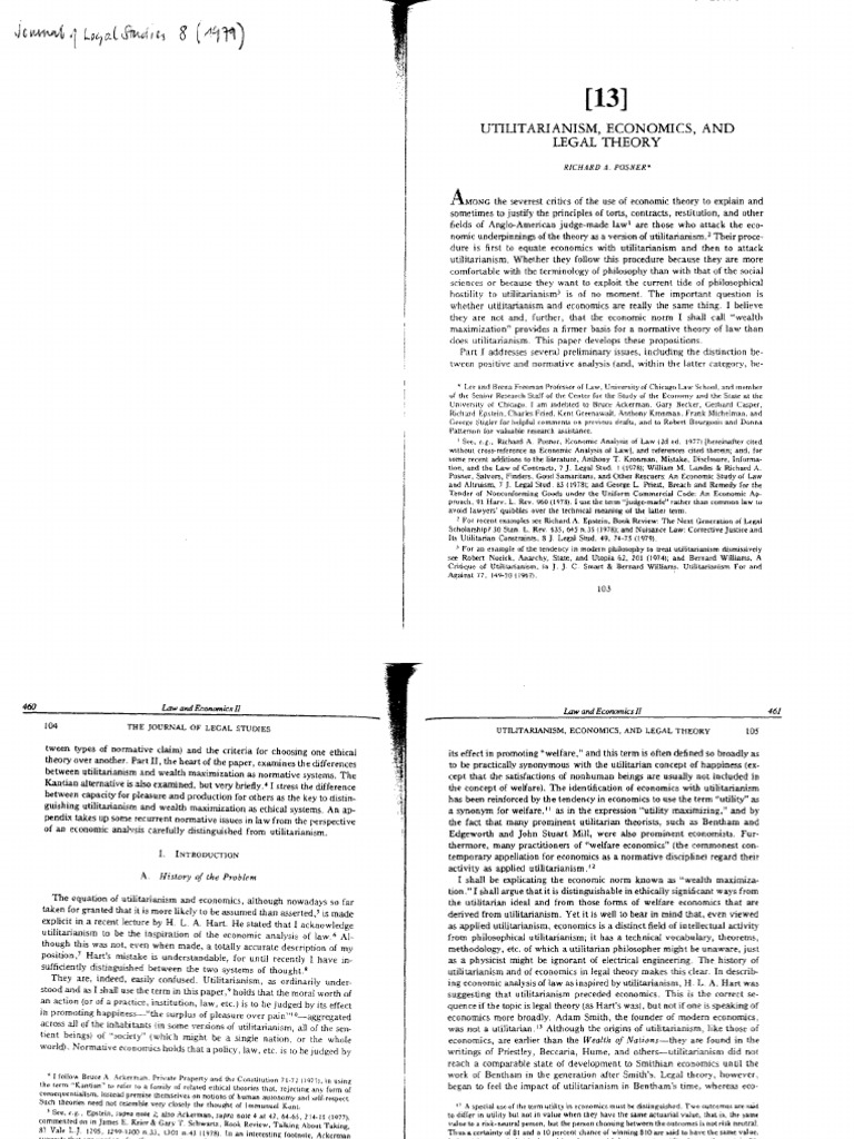 POSNER, Richard - Utilitarianism, Economics and Legal Theory | PDF ...