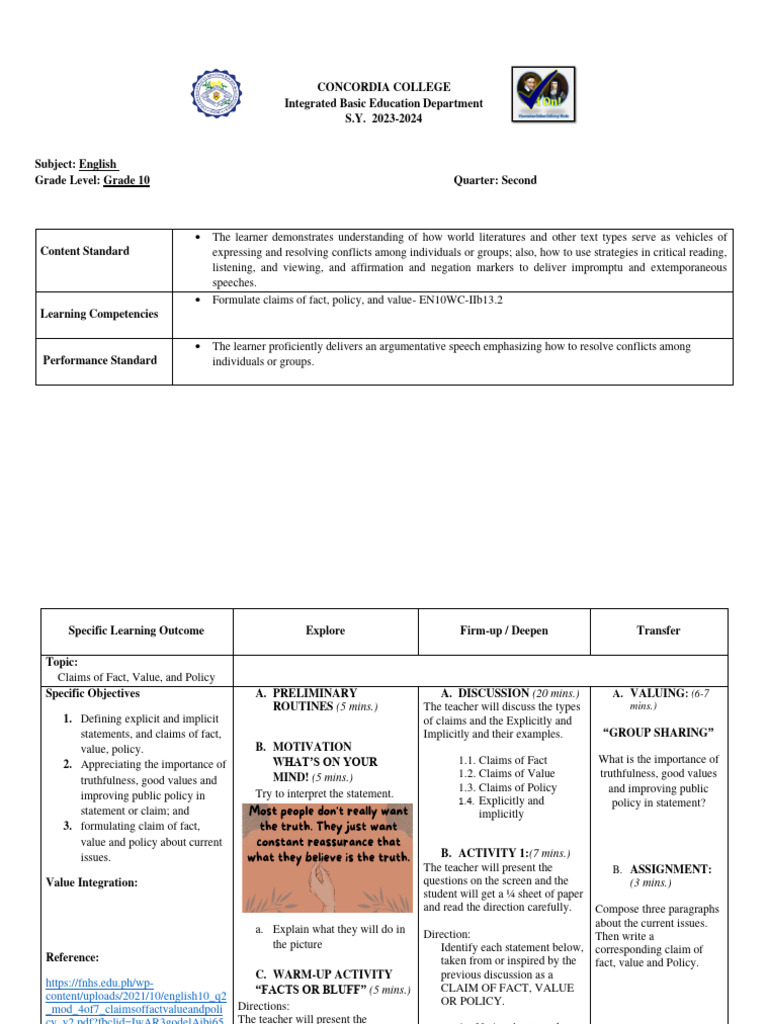 Understanding Claims: Fact, Value, Policy | PDF | Learning | Policy