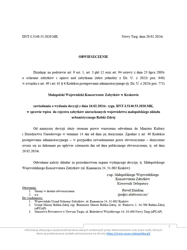 Rabka-Zdroj Obwieszczenie o Wydaniu Decyzji-2 | PDF
