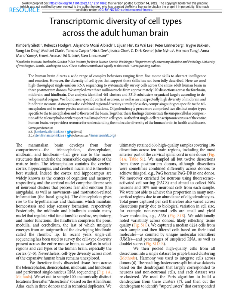 Transcriptomic Diversity of Cell Types Across The | PDF | Brain | Human ...