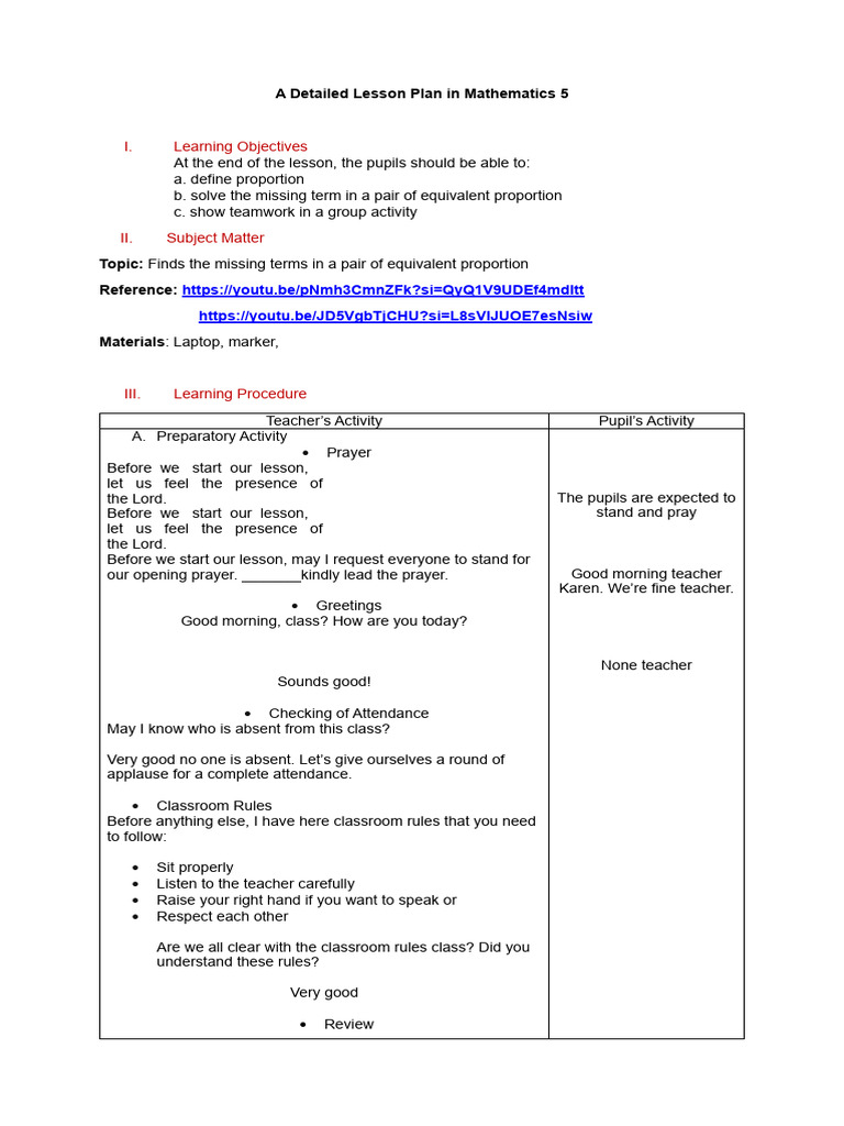 A Detailed Lesson Plan in Mathematics 5 | PDF | Teachers | Lesson Plan