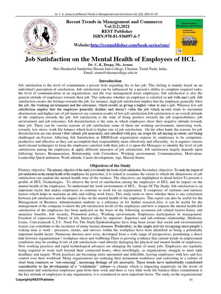 9.job Satisfaction On The Mental Health of Employees of HCL | PDF | Job ...