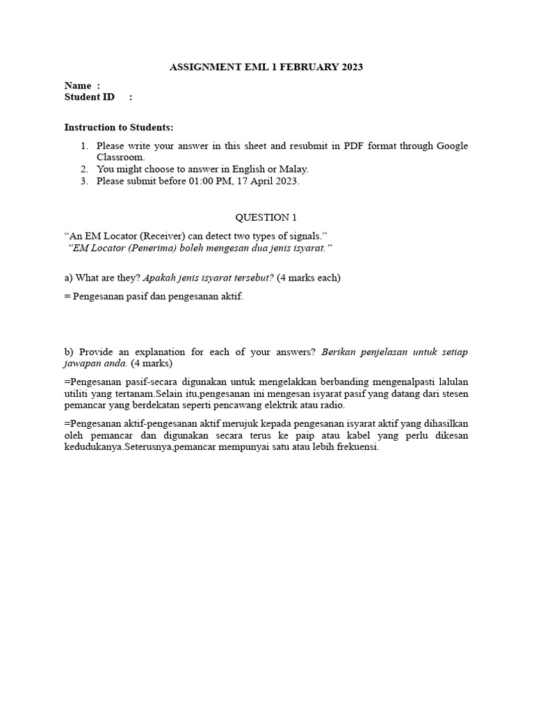 Assignment Eml 1 February 2023 Name: Student ID: Instruction To Students | PDF