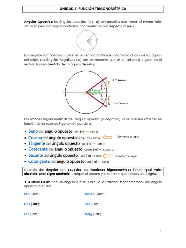 Función Trigonometrica - Ángulos Opuestos y Complemetarios | PDF