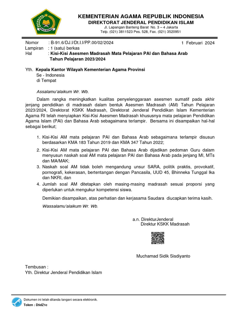 Kisi-Kisi Asesmen Madrasah Tahun 2024-Dengan Pengantar | PDF