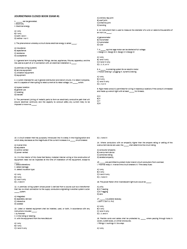 Journeyman Electrician Exam Questions | PDF | Electrical Wiring ...