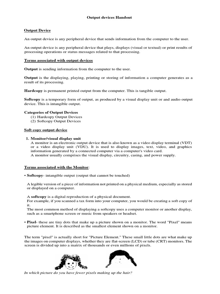 Output Devices Handout | Download Free PDF | Printer (Computing) | Computer Monitor