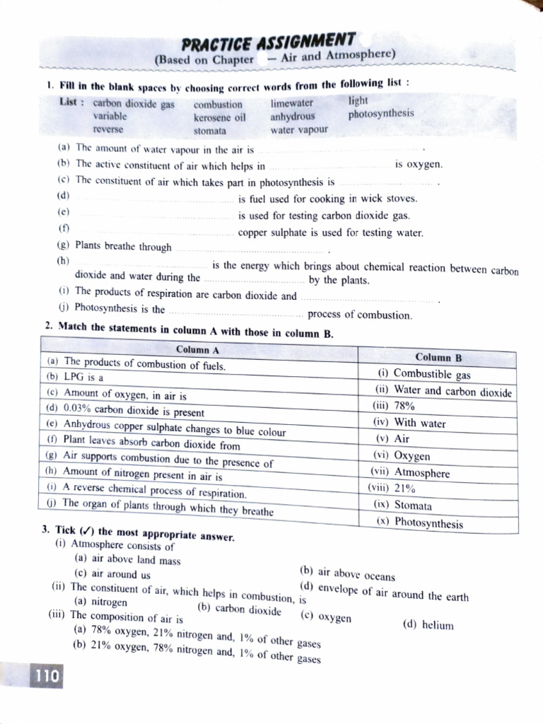 Air and Atmosphere Practice Assignment | PDF | Atmosphere Of Earth | Oxygen