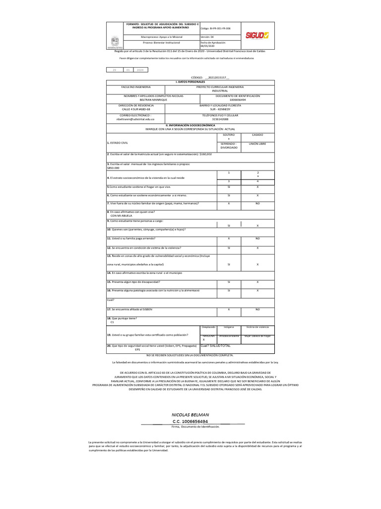 Formulario Sigud Nicolas 2024 | PDF