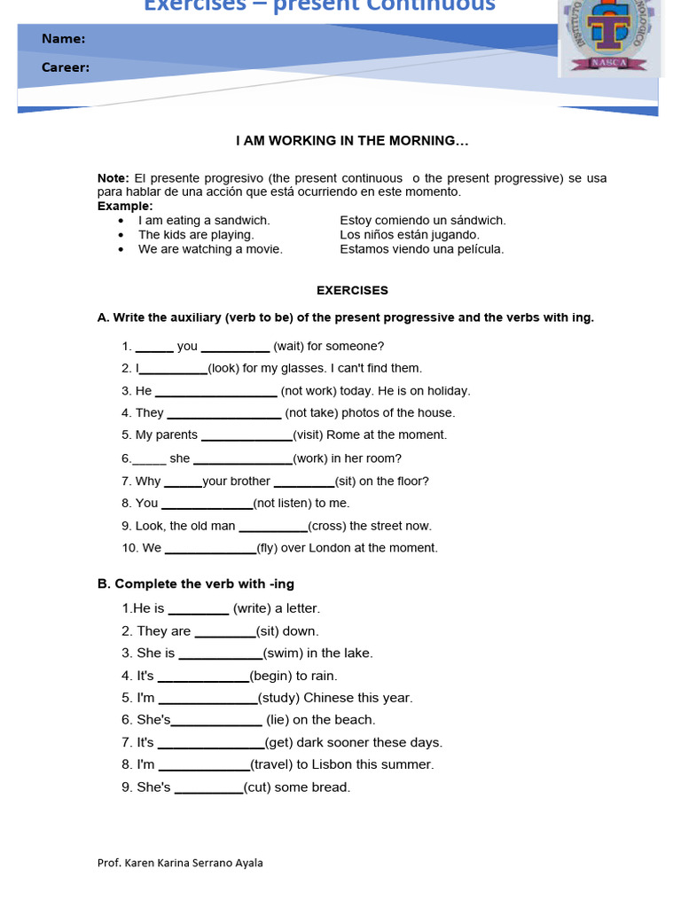 Exercises - Presente Continuo | PDF