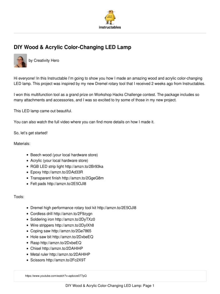 DIY Wood Acrylic Color Changing LED Lamp | PDF | Adhesive | Drilling