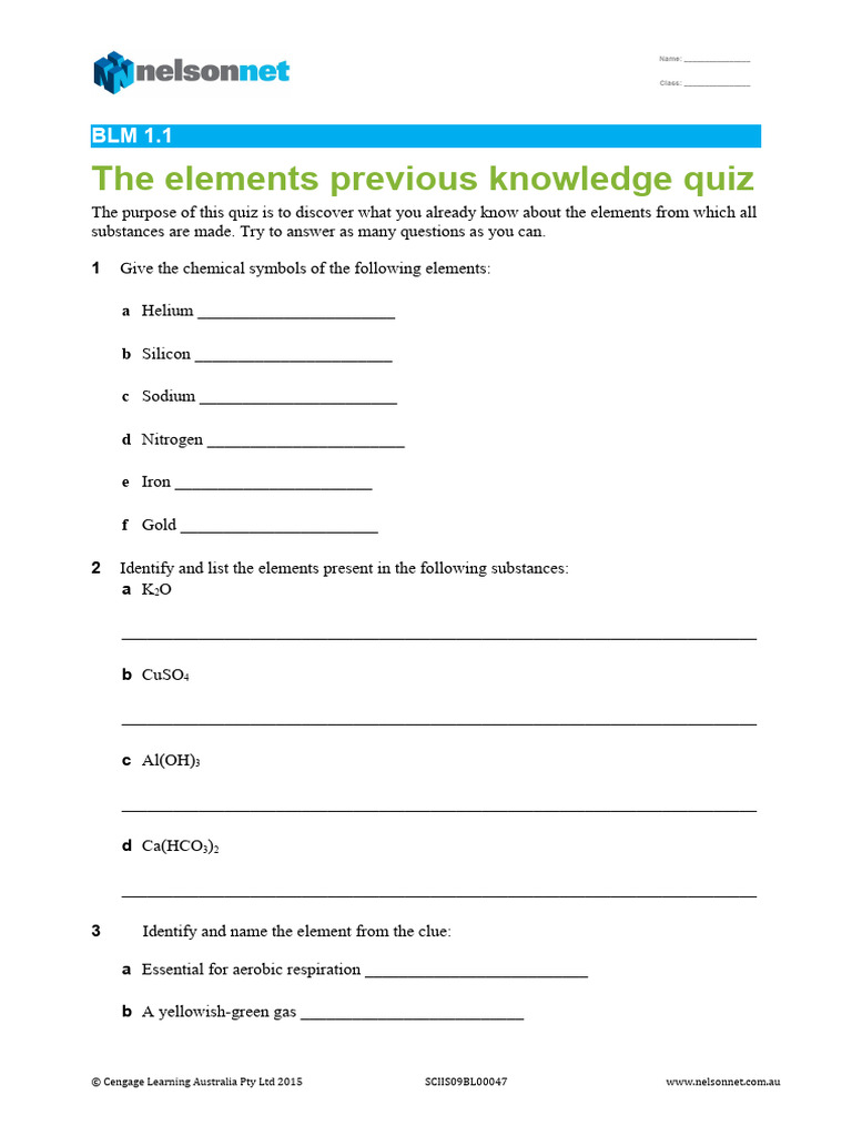 1.1 Elements Previous Knowledge Quiz | PDF | Chemical Elements | Atoms