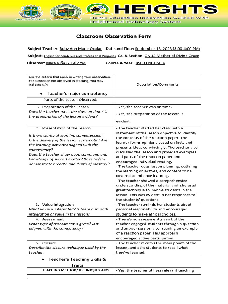 Felicitas Classroom Observation Form FS 2 2023 2024 | PDF | Teachers ...