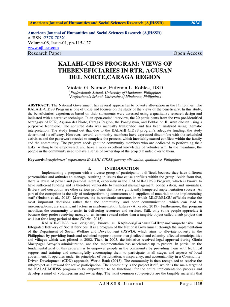 Kalahi-Cidss Program: Views of Thebeneficiaries in RTR, Agusan Del ...