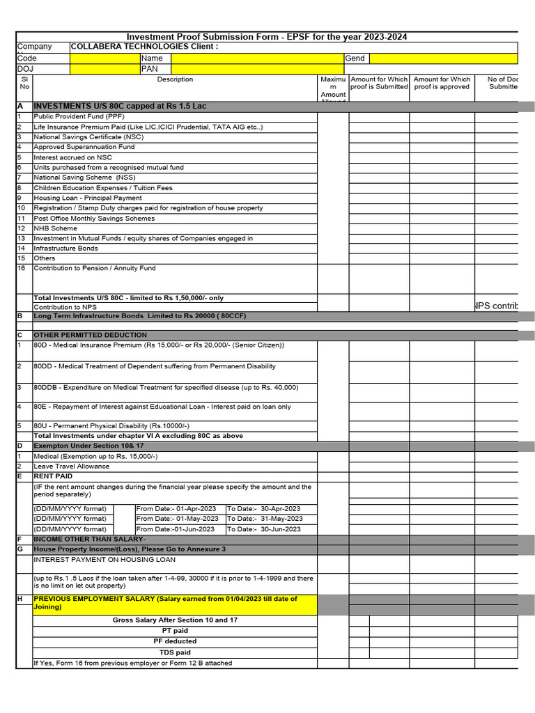 Investment Proof Submission Form23 24 | PDF | Loans | Tax Deduction