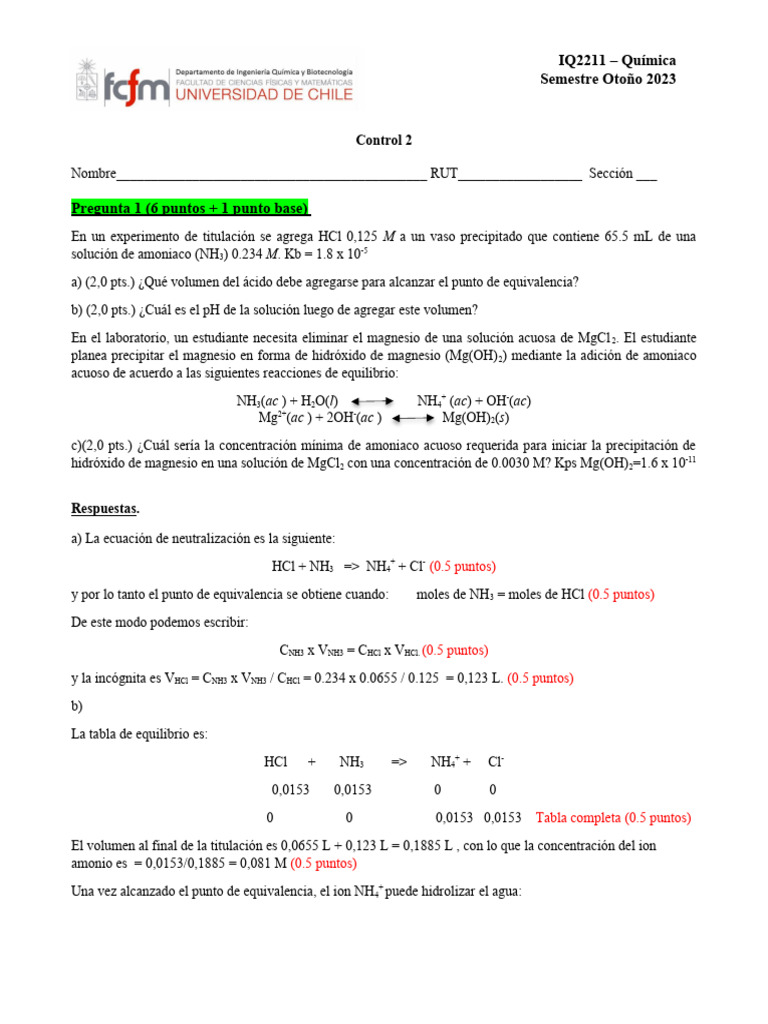Pauta IQ2211 - Control 2 - 28-06-23 Enunciado Final | PDF | Amoníaco | Redox
