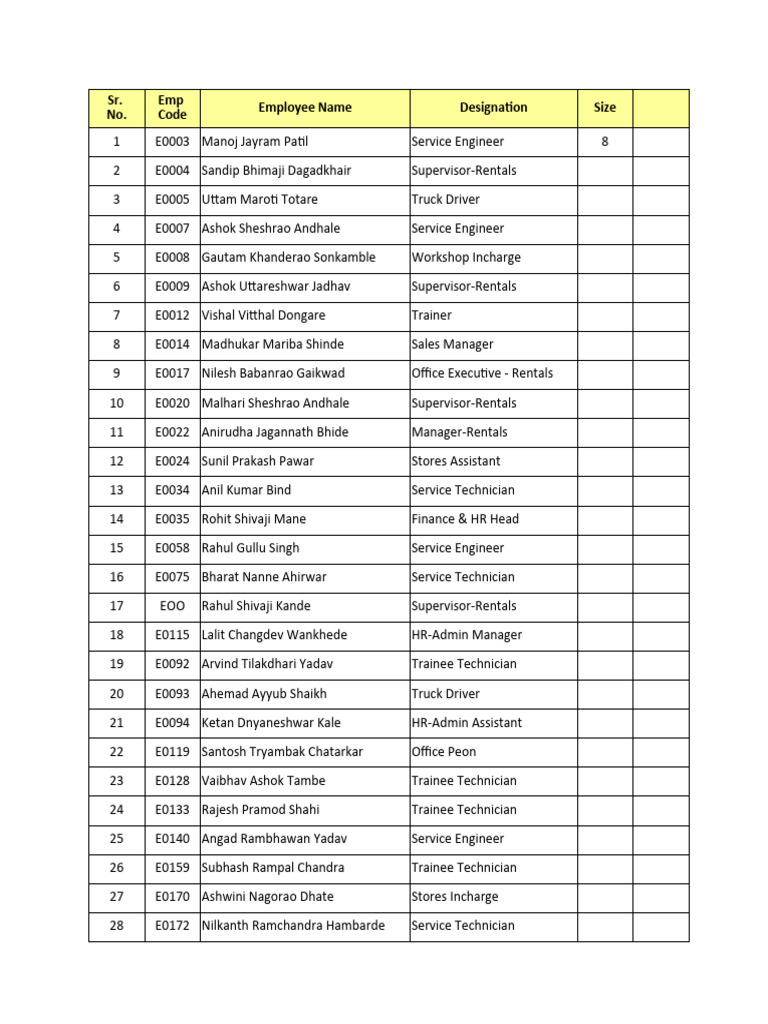 Employee Name Designation Size Sr. No. Emp Code | PDF