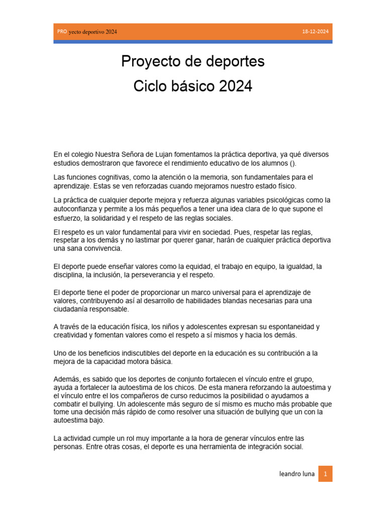 Proyecto de Deportes Lujan 2024 | PDF | Deportes | Autoestima